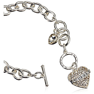 GUESS Women's Silvertone Chain Toggle Dangle Heart Charm Bracelet