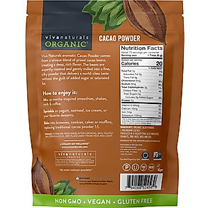 Viva Naturals Organic Cacao Powder, 1lb - Unsweetened Cacao Powder With Rich Dark Chocolate Flavor, Perfect for Baking & Smoothies, Non-GMO, Certified Vegan & Gluten-Free, 454 g