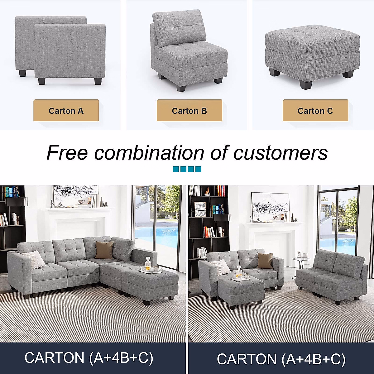 Belffin Light Grey L Shape 5-Seat Modular Sectional Sofa with Storage, Reversible Chaise, Adjustable Backrest, Cotton & Polyester