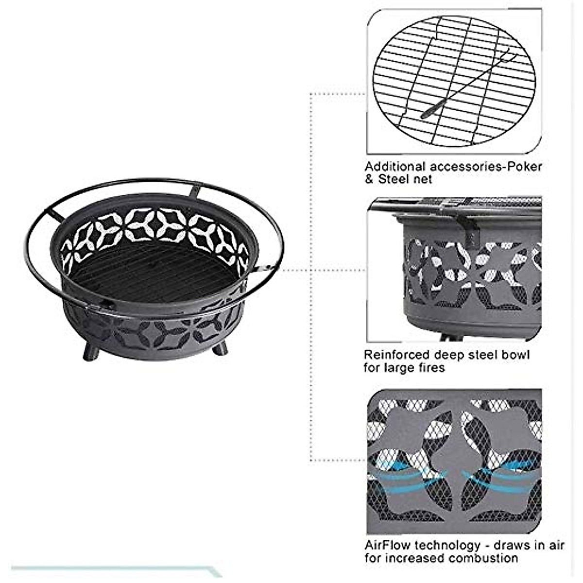 LEAYAN Garden Fire Pit Portable Grill Barbecue Rack Pits Fire Bowl with Handles,Removable Metal Fire Basket with Fire Fork, Patio Garden Multifunctional Fire Pit for Heating/BBQ for Camping