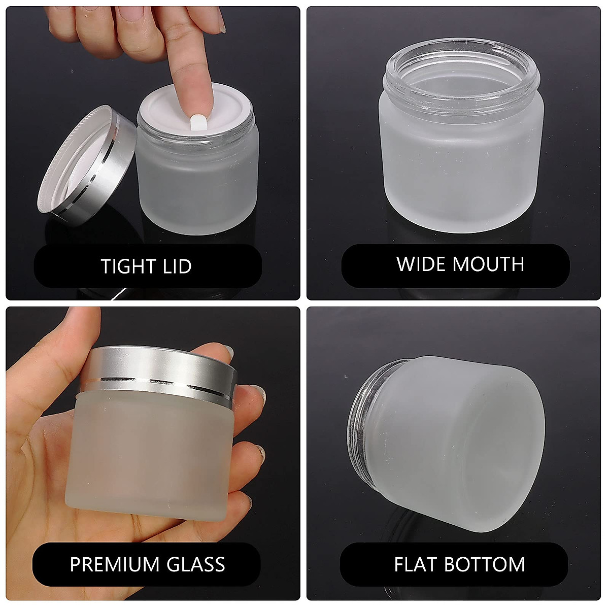 15 Pack, 2 oz 60ml Frosted Glass Jars with Silver Lids & Inner Liners, Empty Matte Clear Round Refillable Cosmetic Containers Travel Jars for Cosmetics,Body Butter,Scrubs,Face Cream Lotion and More