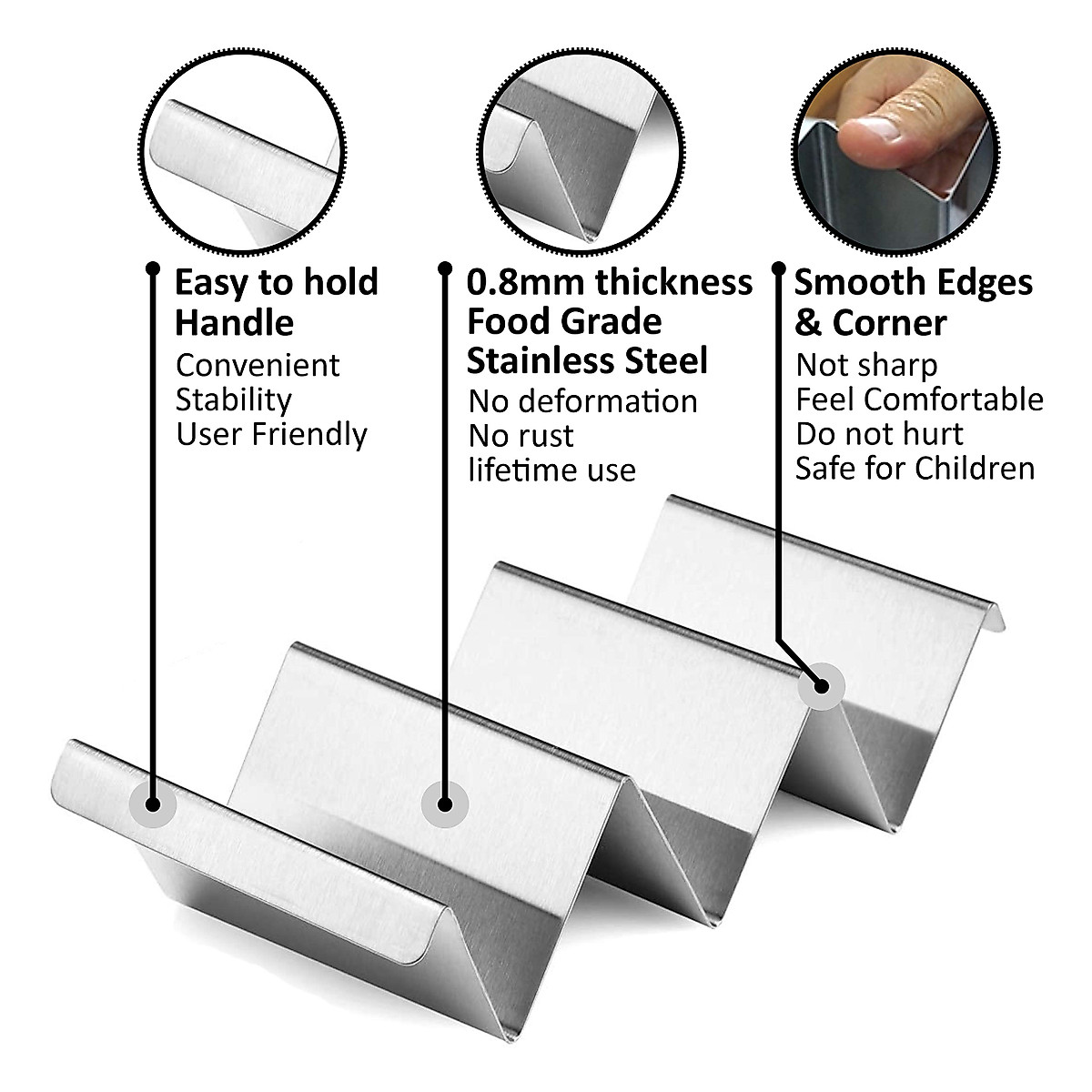Stainless Steel Taco Stand Holder With Bamboo Tray - Set of 2 - Taco Tuesday With Four Sauce Holders and Four Spoons - Holds Up to 4-6 tacos - Stainless Steel Racks With Handles Oven & Grill Safe
