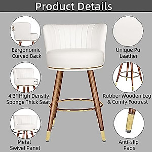SeekFancy 27" Swivel Bar Stools Set of 4, Counter Heigh Bar Stools with Back, White & Gold Bar Stools with Wood Legs & Footrest, Upholstered Swivel Counter Stools,Leather Bar Chairs for Kitchen Island