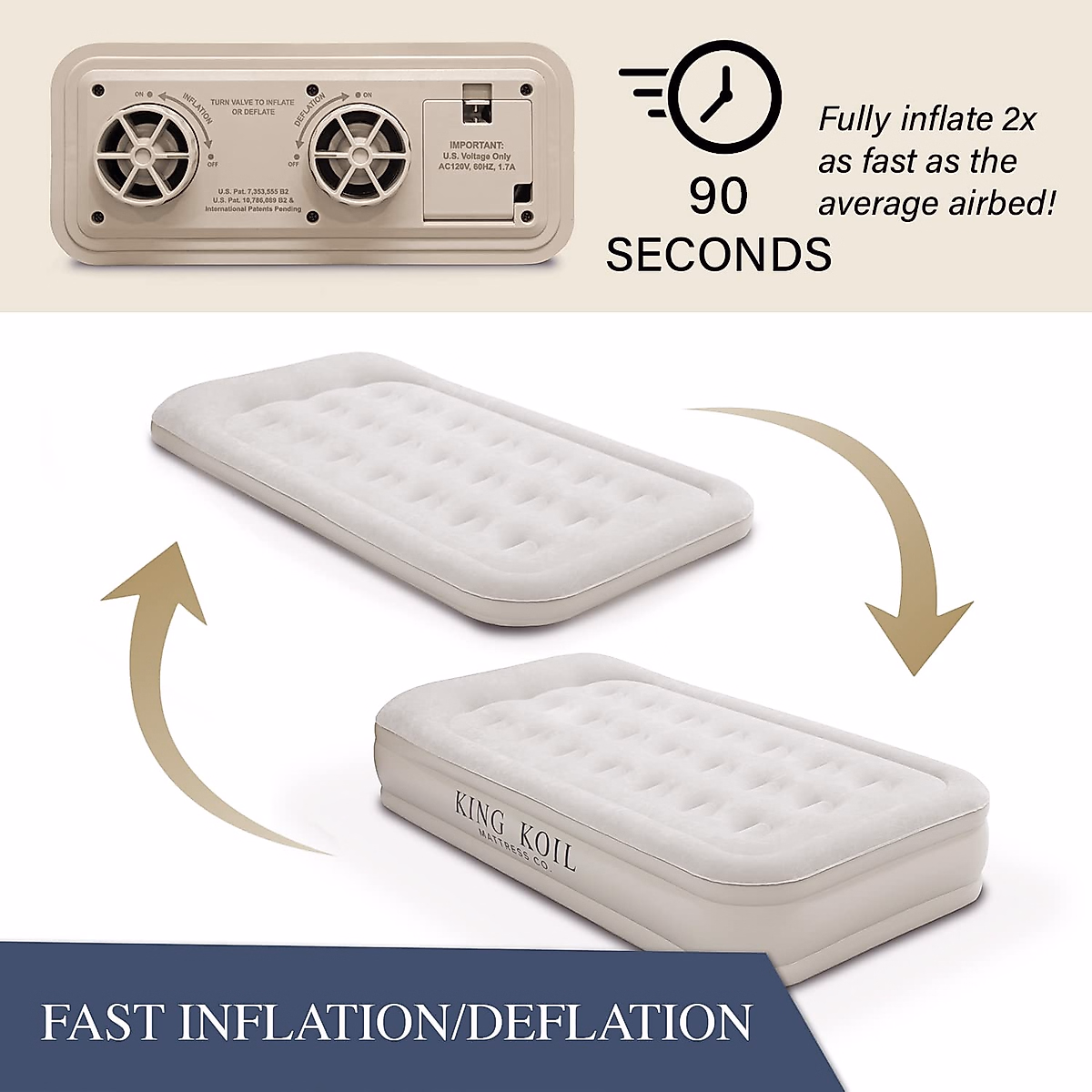 King Koil Luxury Twin Air Mattress with Built-in High Speed Pump for Camping, Home & Guests - Twin Size Double High Airbed Luxury Inflatable Blow Up Mattress Waterproof