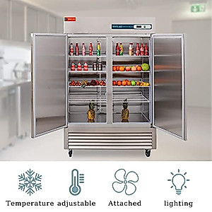 WESTLAKE 54" W Commercial Refrigerator 2 door 2 Section Stainless Steel Reach in Solid door Upright Fan Cooling 49 Cu.ft Cooler for Restuarant, Bar, Shop, etc