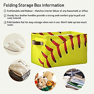 OTVEE Yellow Softball Printed Collapsible Storage Basket with Leather Handles Rectangle Fabric Storage Bin Organizer for Clothes Toy Storage Self Nursery Home Office,1 Piece