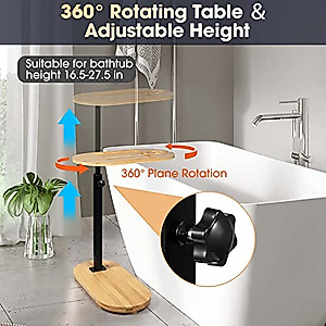 C-Shaped End Table, Bamboo Bathtub Tray Table with Adjustable Height, Small Side Table for Couch, Tray Table with rotatable for Bathtub, Living Room, Bedroom, Bedside, Natural Material