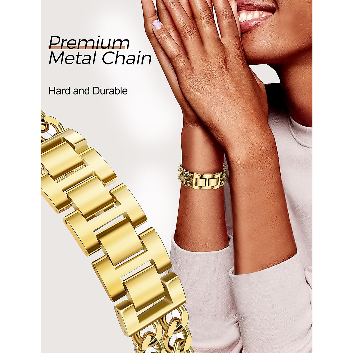 JR.DM Gold Watch Bands for Women Compatible with Apple Watch Band 42mm 44mm 45mm Adjustment Metal Band Cowboy Steel Chain Bracelet for iWatch Series 9/8/7/6/5/4/3/2/1/SE/Ultra (No Case)