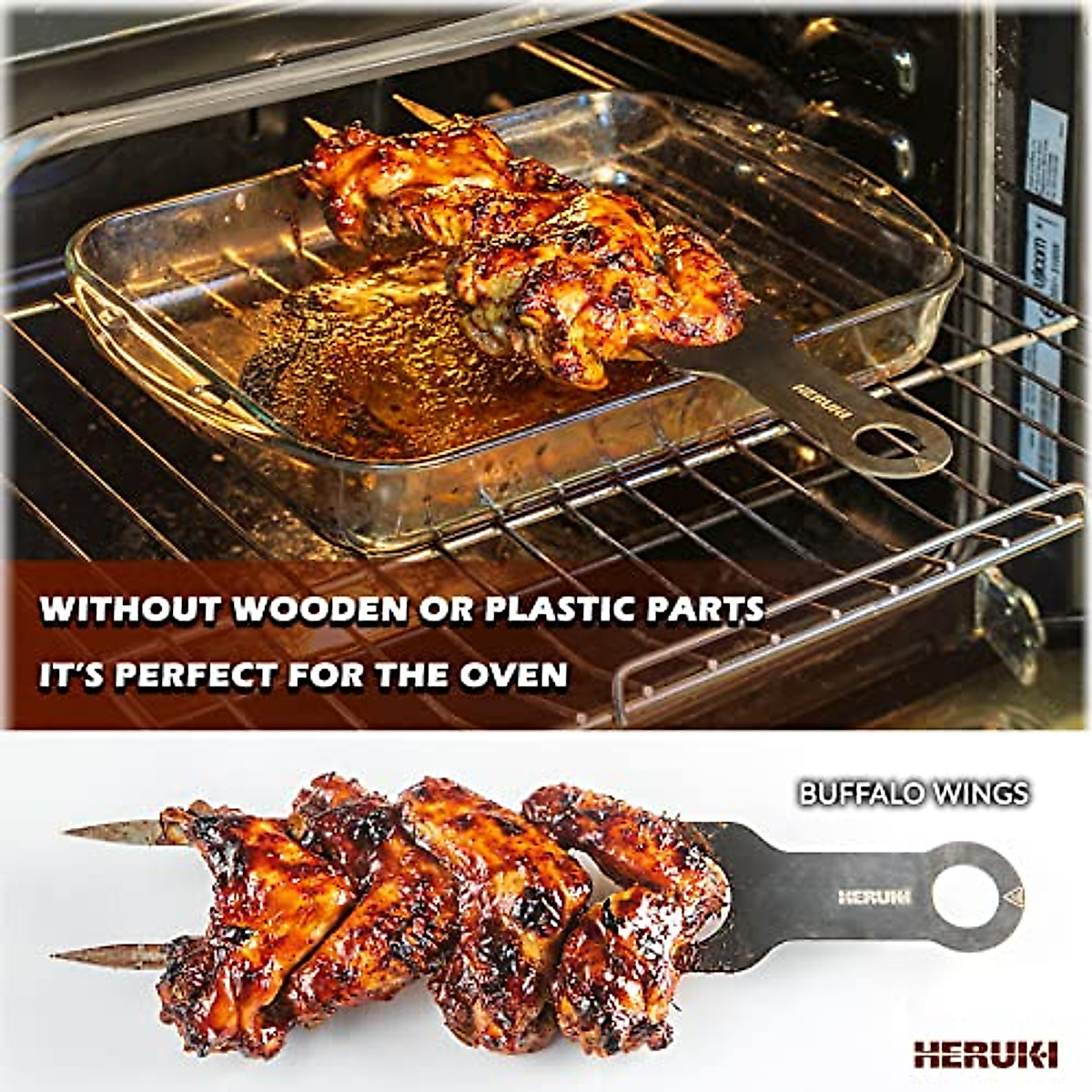 HERUKI Double Skewers 2 Stainless Steel Skewers for BBQ Grilling Kabob, Shawarma Meat Fish and Chicken Great Gift, Multitasking cookware for all kitchens, Stocking Stuffers for Men