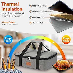 Uoxfill Lunch Bag Insulated Thermal Food Carrier Insulated Casserole Carrier for Hot or Cold Food,Insulated Tote Bag for Potluck Cookouts Parties Picnic, Lasagna Lugger,Fits 9"x13" Baking Pan,Gray