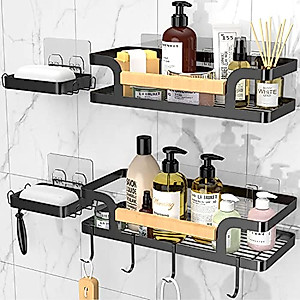 JONYJ Adhesive Shower Caddy 4 Pack, Shower Organizer with 12 Hooks and 2 Soap Holder, No Drilling Shower Shelf for Inside Shower, Kitchen Storage, Bedroom, Living Room, Bathroom