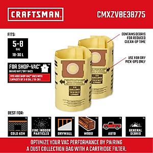 CRAFTSMAN CMXZVBE38775 Fine Dust Wet Dry Vac Dust Collection Bags for Most 5 to 8 Gallon Shop Vacuums, Collects Dry Fine Debris, Reduces Cleanup Time, 2-Pack