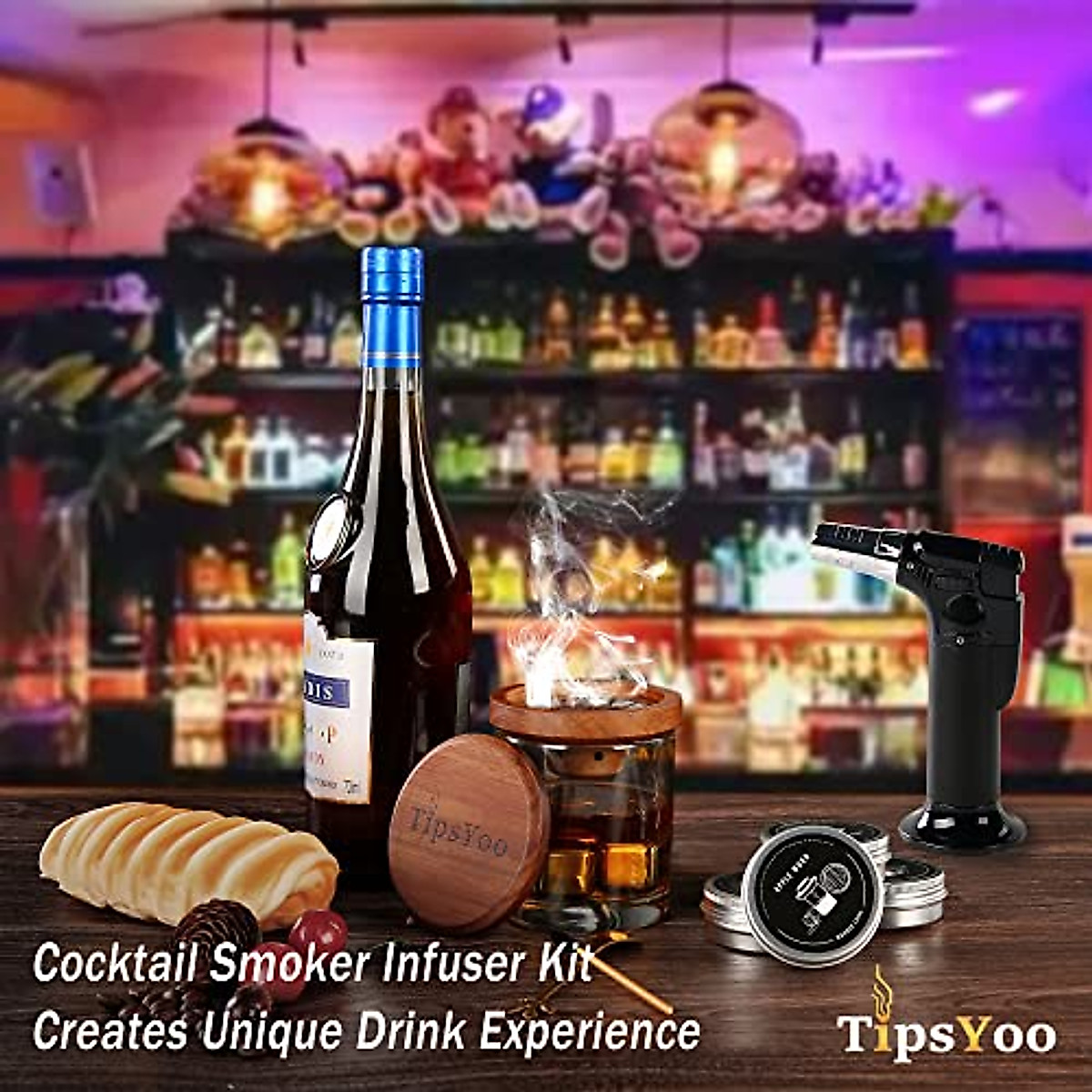 Tipsyoo Cocktail Smoker Kit with Torch Drink Smoker Old Fashioned Smoker Kit for Whiskey Bourbon Wine 4 Flavors Wood Chips Cherry Pecan Apple Oak Glass Infuser Kit Household Party Gifts for Men (No Butane)