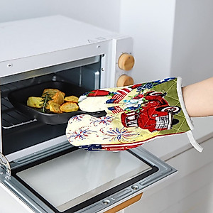 Oven Mitts and Pot Holders Kitchen Gloves Non Slip Oven Mitts and Hot Pads BBQ Gloves Oven Mitts and Hot Pads for Kitchen Cooking Baking Grilling Spring Patriotic Small Red Truck American Flag