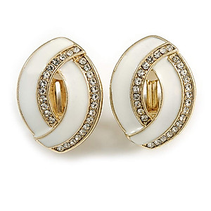White Enamel Clear Crystal Oval Clip On Earrings In Gold Plaiting - 23mm L