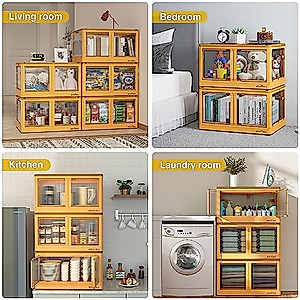 BROVIEW Plastic Storage Bins with Lids, 3 Pack 25 Gal Stackable Storage Cabinets Closet Organizers with 5-Doors, Collapsible Storage Containers Box for Kitchen Bedroom Living Kids Room Dorm (Yellow)