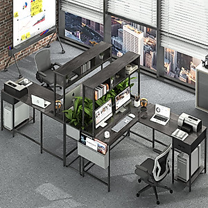 Yoobure L Shaped Desk Gaming Desk with LED Strip & Power Outlet, Reversible L-Shaped Computer Desk with Storage Shelf & Drawer, Corner Desk with Storage Bag, 2 Person Home Office Desk, Gray