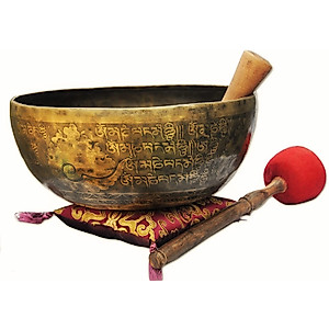 11 Inch Finest Meditation Mantra carved Singing bowl, Etching Tibetan Art Singing Bowl With Drum Stick Cushions and Mallet,Bowls from tibet