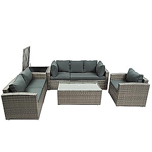 Simicase Outdoor Patio Furniture Sets, 7-Piece Patio Wicker Sofa, Cushions, Chairs, a Loveseat, a Table and a Storage Box