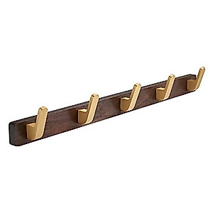 Generic Wall Mounted Coat Rack,Entryway Hanging Coat Rack,Metal Wood Coat Rail with 5 Rustic Hooks Rail for Coat,Scarf,Bag,Towel,Key,Cap,Cup,Hat,Walnut Gold Matt