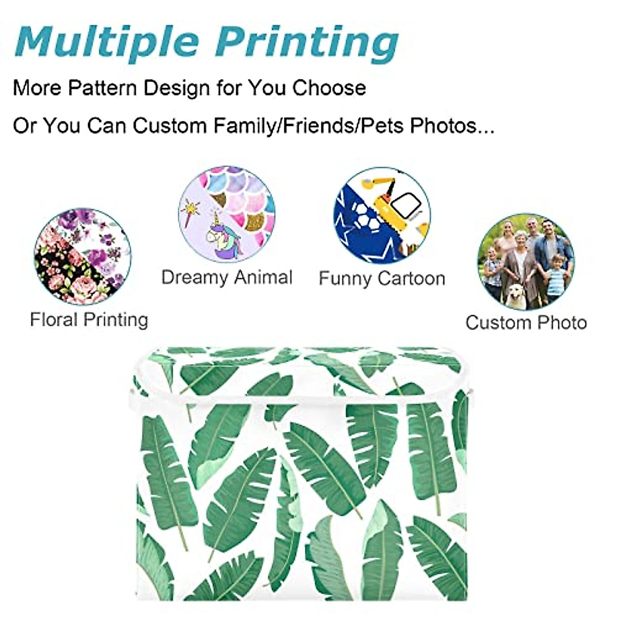 CaTaKu Green Banana Leaves Storage Bins with Lids and Handles, Fabric Large Storage Container Cube Basket with Lid Decorative Storage Boxes for Organizing Clothes