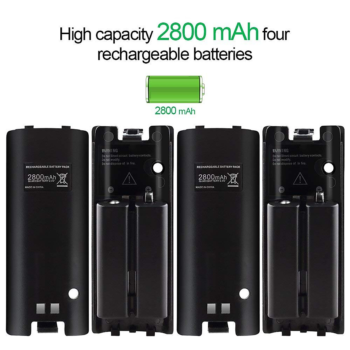 Wii Remote Controller Charger, 4 in 1 Wii Charging Dock Station with 4PCS 2800mAh Rechargeable Batteries for Wii/Wii U Controller-Black