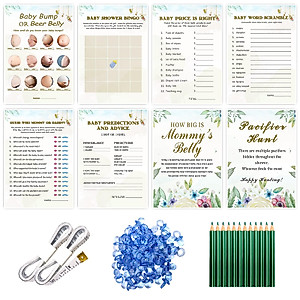 OLOUTAB Baby Shower Games Set-8 Games,Fun and Easy to Play,Includes Baby Shower Bingo,Price is Right,Guess Who Mommy or Daddy,Word Scramble,Prediction and Advice,How Big is Mommys Belly,Pacifier Hunt
