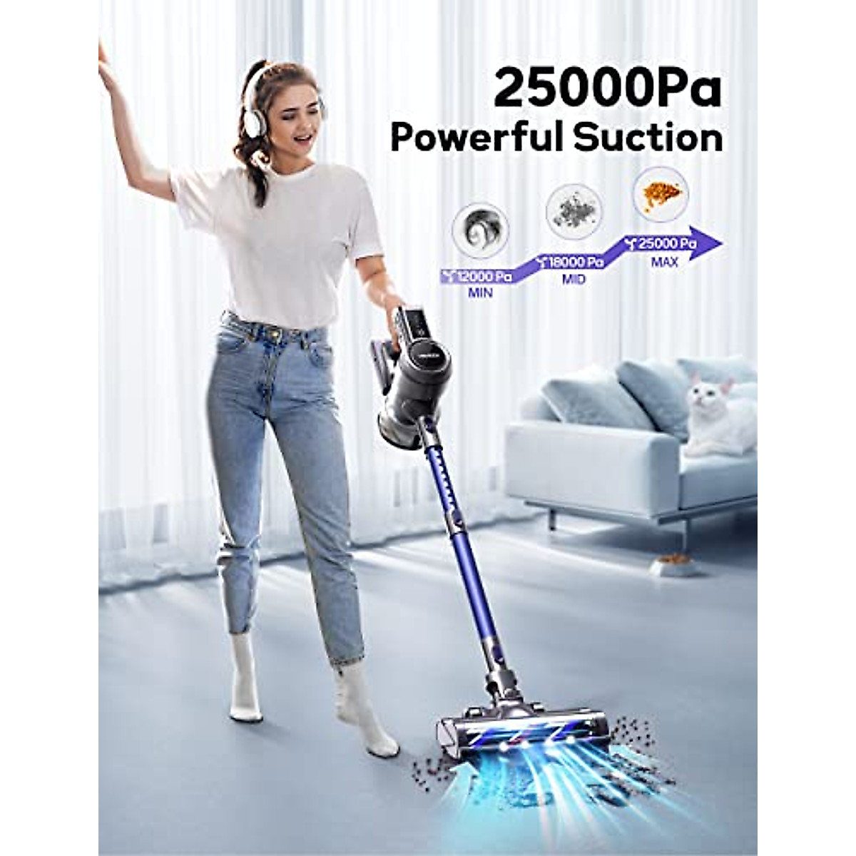 Voweek Cordless Vacuum Cleaner, 250W Powerful Stick Vacuum, 6 in 1 Lightweight Vacuum Cleaner with 3 Modes, LED Display, 40Mins Runtime Handheld Vacuum for Home Pet Hair Car