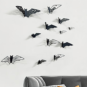 24Pcs Large Halloween Bats Decorations Hollow Out Bats Wall Decor, 3D Self-Adhesive PVC Scary Bat Stickers Halloween Party Indoor Supplies Waterproof Black Bats Wall Decals for Door Room Decor