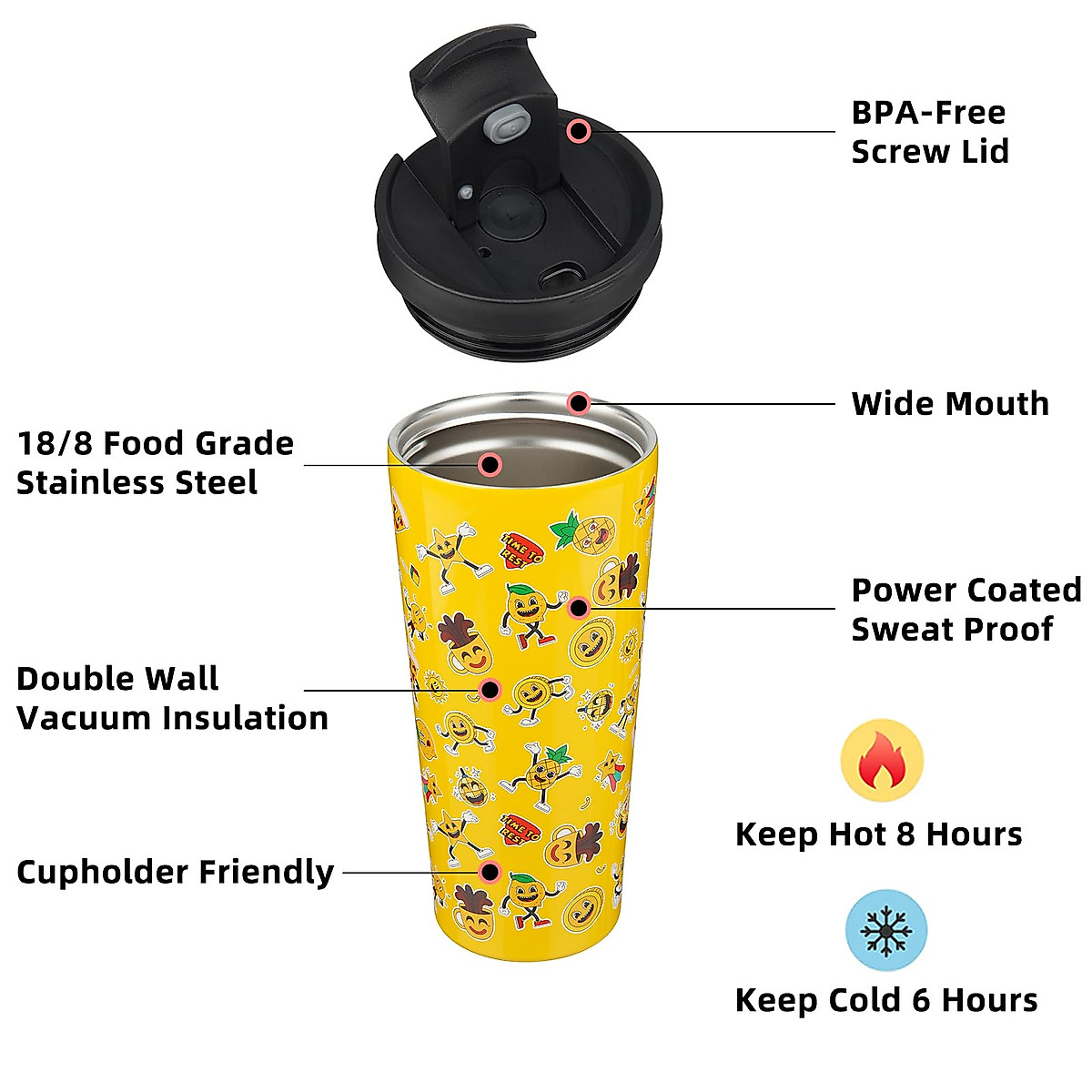 BJPKPK 22oz Insulated Tumbler With lid And Straw Stainless Steel Tumblers Travel Coffee Mug Reusable Thermal Cup,Hawaii Fruits Yellow