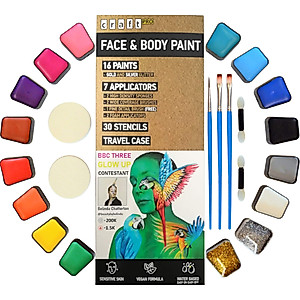 Craft Pro - Kids Face Paint Kit - Vegan + Cruelty Free (Non-Toxic). Includes Guidebook, Applicators, Stencils. Easy ON Easy Off (Water Activated Body Paint)