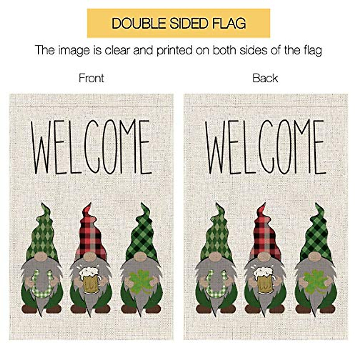 FUNNISM 2 PCS St Patrick Day Gnome Decoration Vertical Garden Flags,Double Sided Welcome Holiday Gnome Horseshoe Beer Shamrock Garden Burlap Banner,Garden,Porch,Patio,Yard Outdoor Decoration(12.5x18")