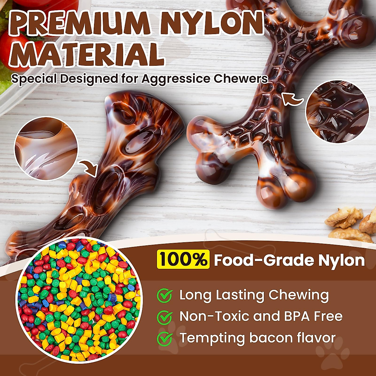 WAGS PET 4 Pack Dog Chew Toys for Aggressive Chewers, Indestructible Dog Toys for Medium Large Breed, Real Bacon Flavor, Tough and Durable Nylon Toy for Better Dental Care