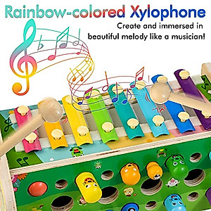 6 in 1 Wooden Montessori Toys for 1 Year Old Whack a Mole Game Hammering Pounding Toy with Xylophone Carrot Harvest Game Learning Developmental Toys Toddler Activities Gift Ages 1 2 3 4