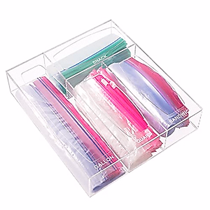 AQUIVER Acrylic Ziplock Bags Organizer - Baggie Bags Drawer Organizer & Plastic Food Storage Bags Holder - Compatible with Gallon, Quart, Sandwich, Snap, Freezer, Slider Bags (Clear)