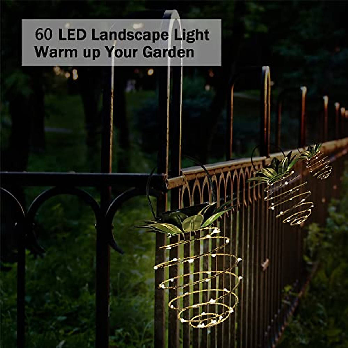 BQOQB 2 Pack Solar Pineapple Light - 60 LEDs Outdoor Garden Decor Hanging Lantern with Handle Waterproof for Patio,Porch,Path,Yard,Walkway,Lawn
