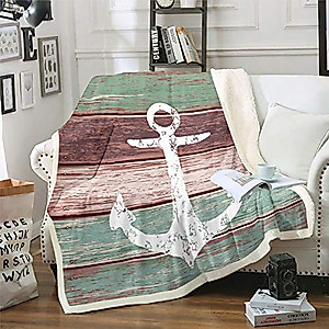 Anchor Sherpa Blanket Nautical Theme Fleece Throw Blanket Vintage Timeworn Weathered Wooden Planks Rustic Plush Blanket Soft Fuzzy Blanket for Sofa Bed Couch,Green,Brown,Queen 90x90 Inch