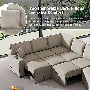 Aiuyesuo Modern 126" L-Shaped Sofa, Sectional Sofa Couch with Charging Devices, Pull-Out Sofa Bed with Cup Holders, Convertible Sectional Sofa for Living Room Apartment (Beige-193J)