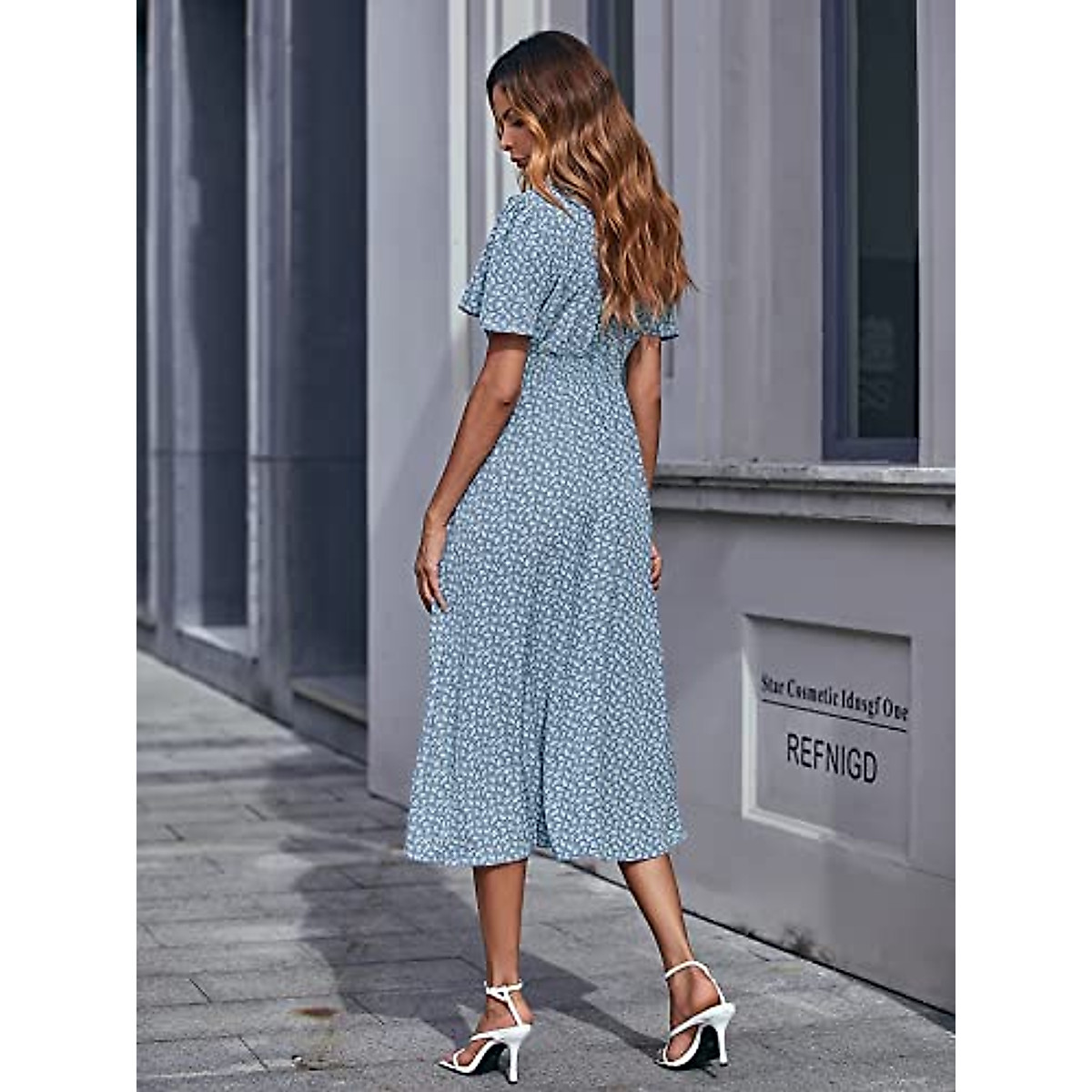 Floerns Women's Short Sleeve Boho Floral Dress A Line Smocked Midi Dress A Blue L