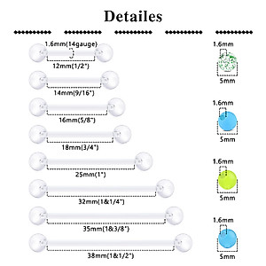 QWALIT 14g Plastic Industrial Barbell Earrings Pregnancy Belly Button Ring Nipple Tongue Rook Eyebrow Piercing Retainer Flexible Clear Curved Barbell Replacement Balls for Work Surgery