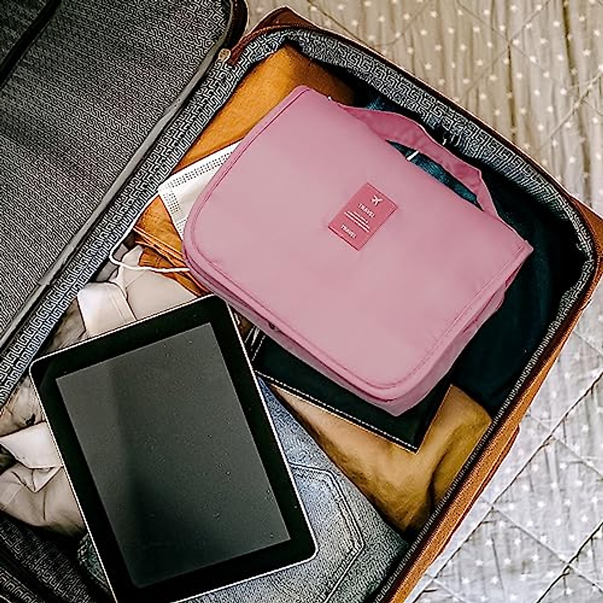 Aosivm Hanging toiletry bag for Women,makeup travel bag,with Jewelry Organizer Compartment,Large Cosmetic Bag Travel Organizer for Bathroom Shower Accessories (pink, Large)