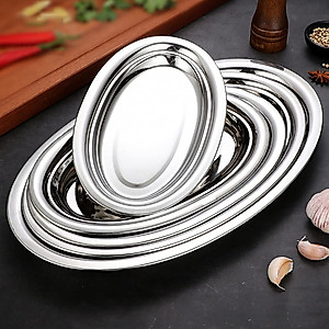 HANABASS Stainless Steel Oval Platter Oval Steaming Fish Plate Appetizer Dish Snack Plate Kids Carvery Plate Serving Tray for Steaming Fish Dessert Meat Sushi Silver