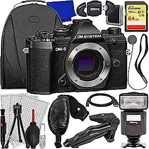 Ultimaxx Advanced OM-5 Mirrorless Camera (Black - Body Only) Bundle - Includes: 64GB Extreme Memory Card, Universal Speedlite with LED Video Light, Tabletop 6.5” Tripod & Much More (21pc Bundle)