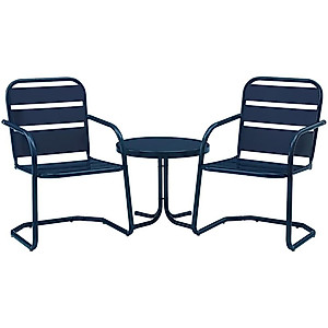 Crosley Furniture Brighton 3-Piece Outdoor Chair and Side Table Set, Retro Metal Patio Conversation Sets, Navy