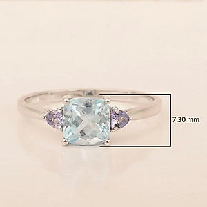 MOONEYE 7MM Cushion Cut Aquamarine Trillion Tanzanite Gemstone 925 Sterling Silver Three Stone Ring (Silver, 10)