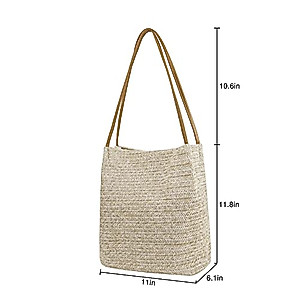 Women Straw Shoulder Bag Bucket Bag Beach Hobo Handbag Top Handle Satchel Purse for Summer, Light Beige