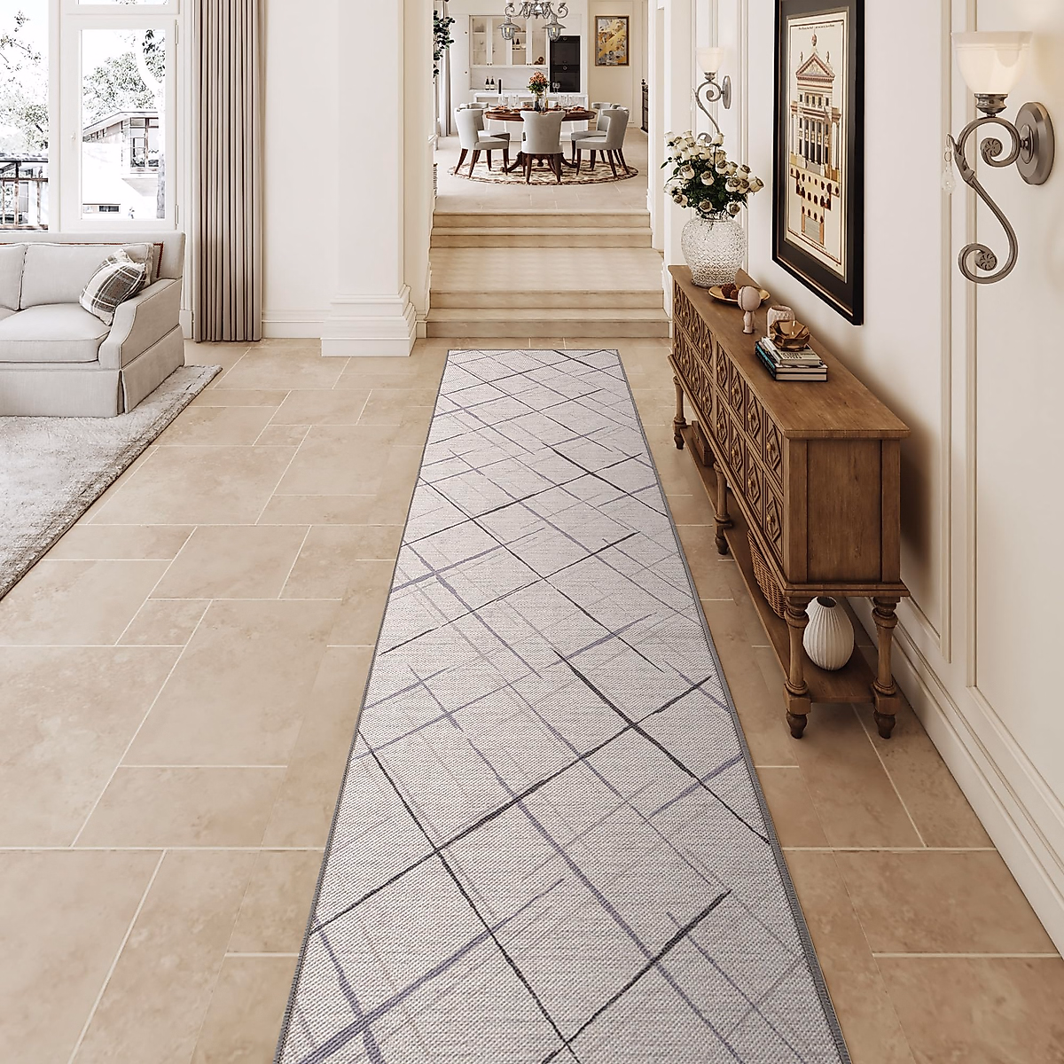 TTelephant Runners for Hallways Kitchen Runner Rug Non Slip 2x10 Long Washable Runner Rugs No Pile Tear and Stain Resistance, Hand Woven Style Thin Rug for Hallways, Kitchen, Laundry, Bathroom- White