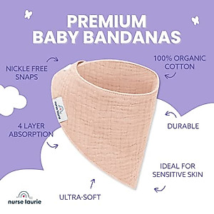 Nurse Laurie Organic Muslin Bandana Bibs - Neutral & Unisex Boho Baby Style with 100% Organic Cotton, Snap Closure, 0-6 mo - Drool/Spit Up Burpy Bib for Teething Newborns & Infants (8 Pack)