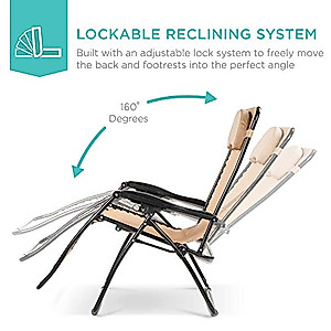 Best Choice Products Oversized Zero Gravity Chair, Folding Outdoor Patio Lounge Recliner w/Cup Holder Accessory Tray and Removable Pillow - Tan