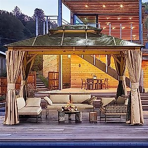 UBGO 10'x12' Hardtop Gazebo,Aluminum Gazebo Pavilion with Curtain and Net,Permanent Outdoor Gazebo with Polycarbonate Double Roof,for Garden, Patio, Lawns, Deck, Backyard-Yellow Brown